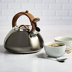 Primula Avalon Whistling Stovetop Tea Kettle, Food Grade Stainless Steel Wide Mouth, Fast to Boil, Cool Touch Handle, 2.5-Quart, Gunmetal Grey and Wood-Look
