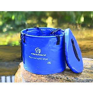 Premium Collapsible Bucket by Freegrace - Compact Portable Folding Water Container - Lightweight & Durable - Includes Handy Tool Mesh Pocket (Navy Blue(Upgraded), 23L (Lid))