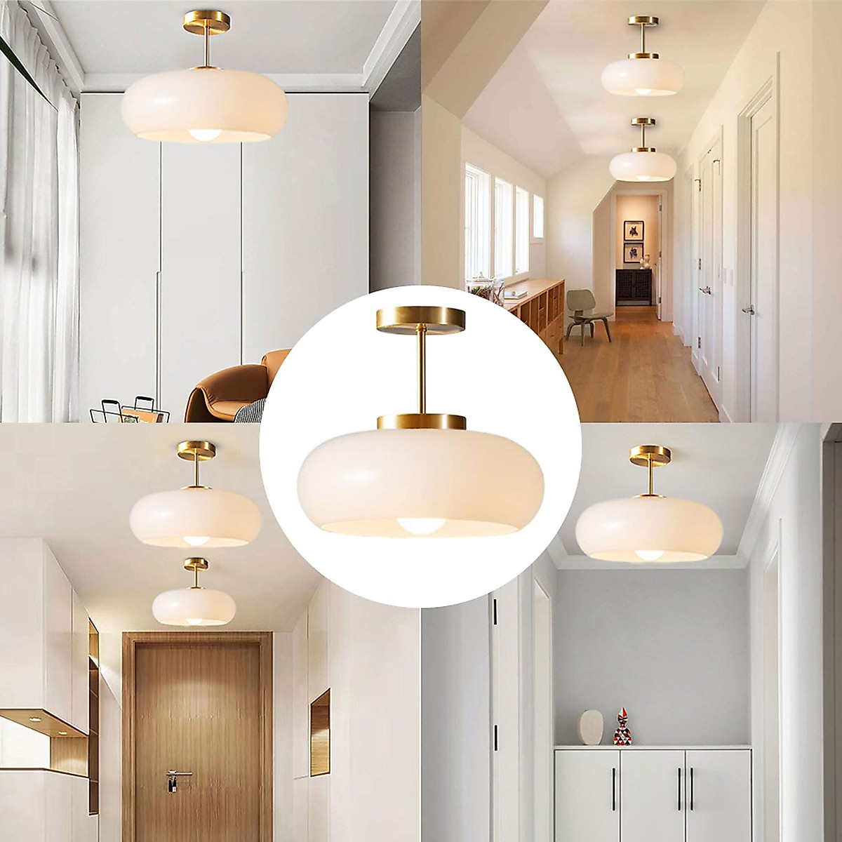 Pairosenvi Pendant Light Fixture, Hanging lamp with Hand-Blown Glass Lampshade, American Retro Style Hanging Light, Height Adjustable Semi Flush Ceiling Light for Kitchen Island, Bathroom… (White)