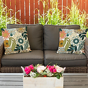 Jartinle Boho Flowers Leaves Outdoor Pillow Covers 16x16 Inch Set of 2 Waterproof Decorative Floral Square Outdoor Pillows for Patio Furniture Couch Bench Chair