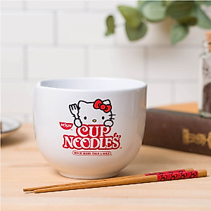 Silver Buffalo Hello Kitty Cup Noodles Nissin Boxed Ceramic Ramen Noodle Bowl with Chopsticks, 20oz