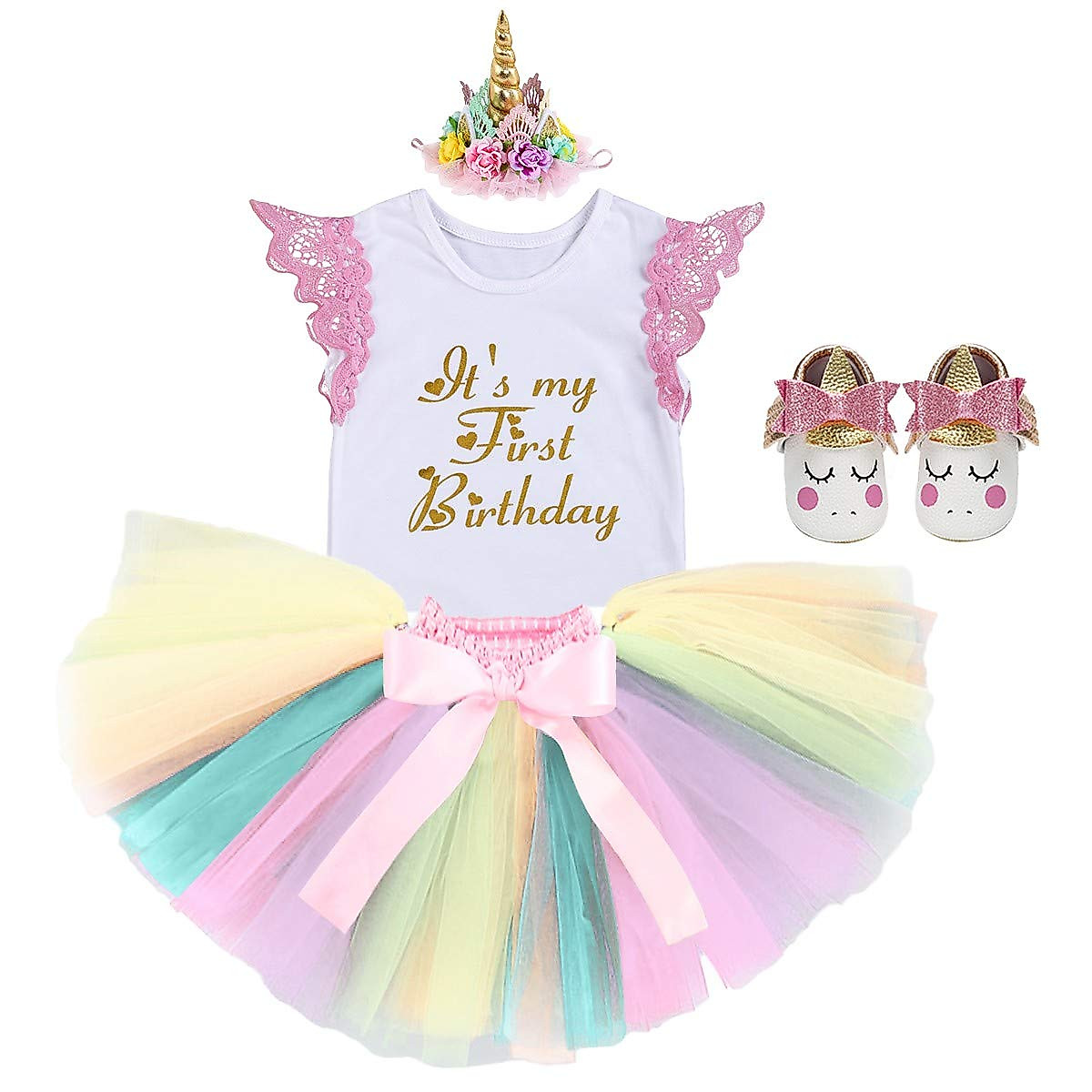 HIHCBF Baby Girls Princess First Birthday Cake Smash Unicorn Outfits Romper Rainbow Tutu Skirt Unicorn Headband Shoes