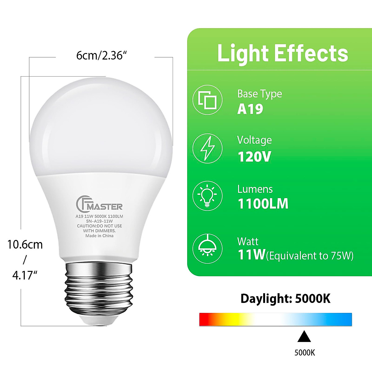 JIANGSILING A19 LED Light Bulb, 75W Equivalent LED Bulb, 11W 5000K Daylight, 1100 Lumens, Non-Dimmable Light Bulbs, CRI 85+, No Flicker E26 Base Bulbs for Home Office, 6-Pack
