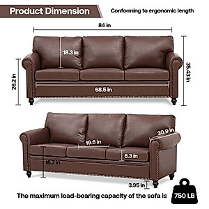 TINGMAMADEHUA Modern Brown Faux Leather Sofa – 3-Seater Couch for Living Room, Comfy Upholstered Design with Tufted Detachable Back Cushions, Traditional Rolled Arms, and Nailhead Trim – Easy Assembly