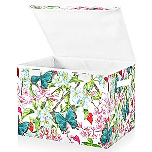 innewgogo Cherry Flowers Hearts Butterfly Storage Bins with Lids for Organizing Storage Bin with Handles Oxford Cloth Storage Cube Box for Toys