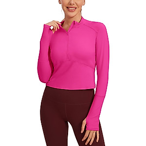 CRZ YOGA Women's Long Sleeve Crop Top Quick Dry Cropped Workout Shirts Half Quarter Zip Pullover Running Athletic Fall Shirt Hibiscus Purple Small
