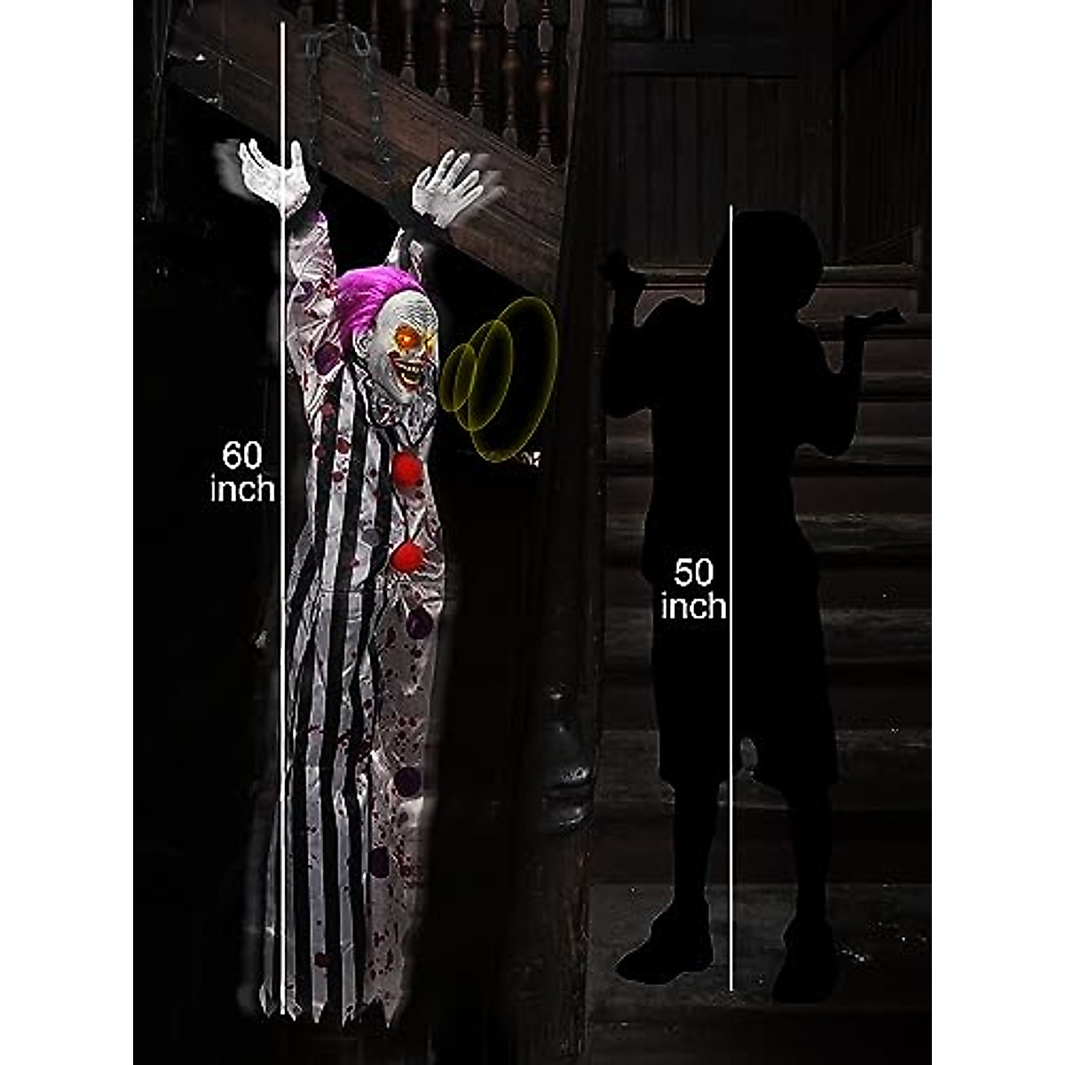 Scary Clown Halloween Decorations Outdoor Hanging Talking Clown Animatronics with Light Up Red Eyes, Sound & Touch Activated for Indoor Yard Haunted House Decor