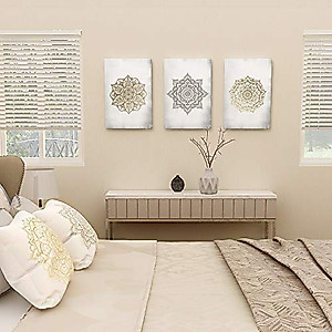 SUMGAR Boho Wall Art Bathroom Gold Mandala Framed Paintings 3 Piece Grey Flowers Pictures Gray Floral Canvas Prints Bedroom Indian Artwork Yoga Spa Bohemian Home Decorations Geometric Decor,12x16 in