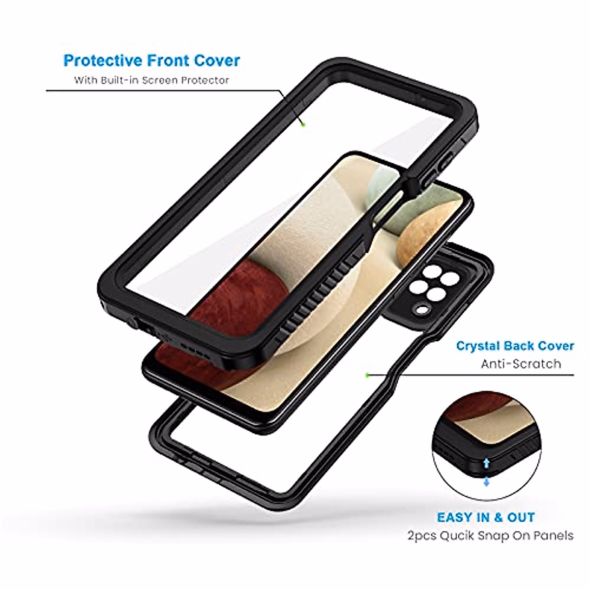 Lanhiem Samsung Galaxy A12 Case, IP68 Waterproof Dustproof Case with Built-in Screen Protector, Full Body Heavy Duty Shockproof Protective Cover for Galaxy A12 6.5 Inch (Black/Clear)