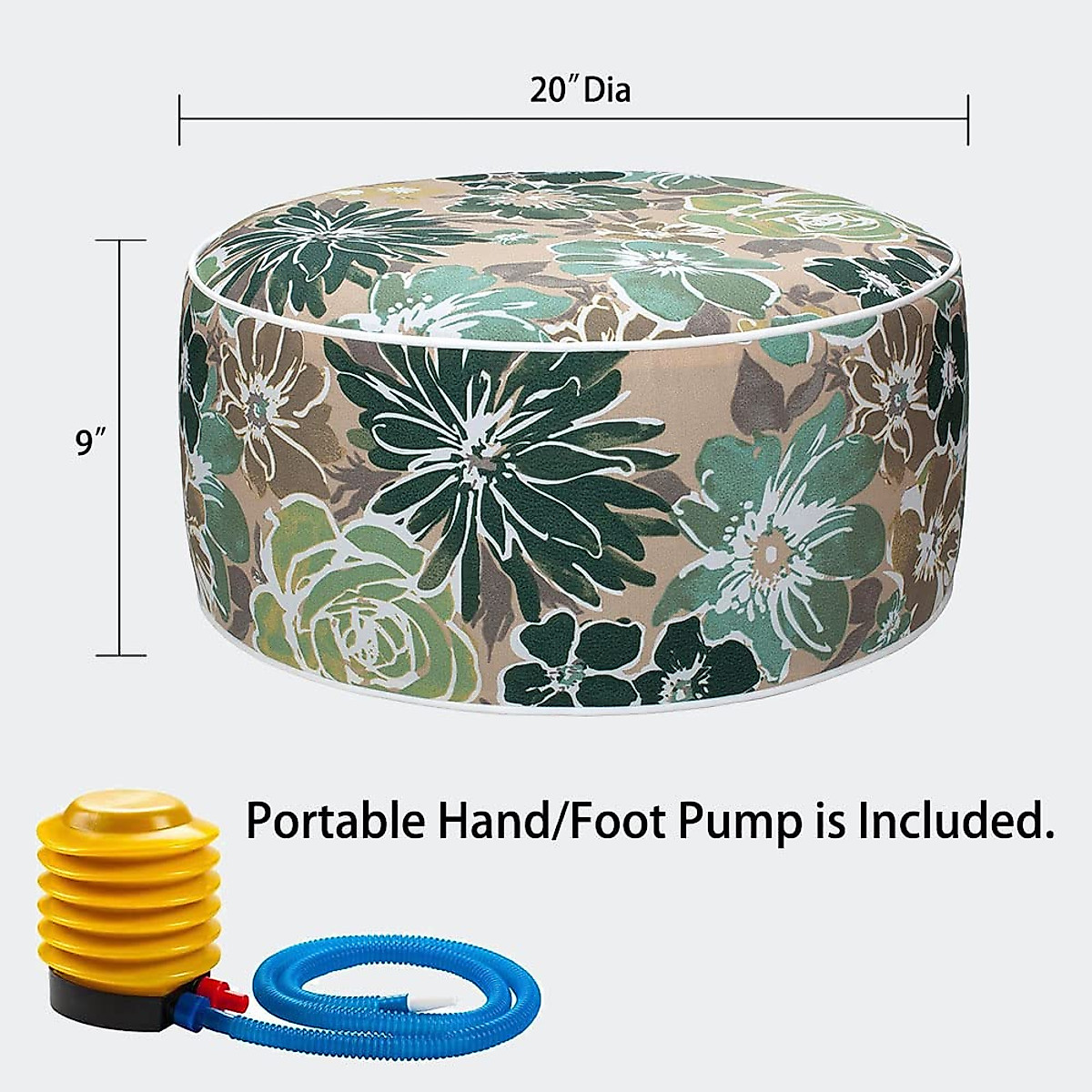 Magpie Fabrics Inflatable Stool Ottoman Pouf D20 xH9, Outdoor Round Footrest Footstool with Foot Pump, Portable for Patio Garden Travel Camping - Green Floral