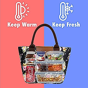opux Lunch Bag Women, Insulated Lunch Box For Women, Large Womens Lunch Tote Work Office, Cute Soft Cooler Food Meal Prep Organizer, Cute Floral Lunch Purse Picnic Travel Beach, Flower Black