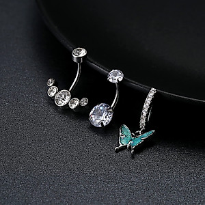 FIASASO 3Pcs 14G Belly Button Ring for Women 316L Surgical Steel CZ Opal Belly Ring Simple Reverse Navel Rings Body Jewelry Butterfly