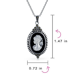Vintage Estate Style Black Mother of Pearl Shell White Carved Victorian Lady Portrait Cameo Pendant Necklace For Women Marcasite Frame Oxidized .925 Sterling Silver