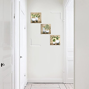 3 Piece Wall Art for Bathroom/Hallway, SZ HD Elegant Canvas Painting Prints of Green Spring Plants in Vases on Beige/Tan Picture (Waterproof Decor, 1" Thick, Bracket Mounted Ready to Hang)