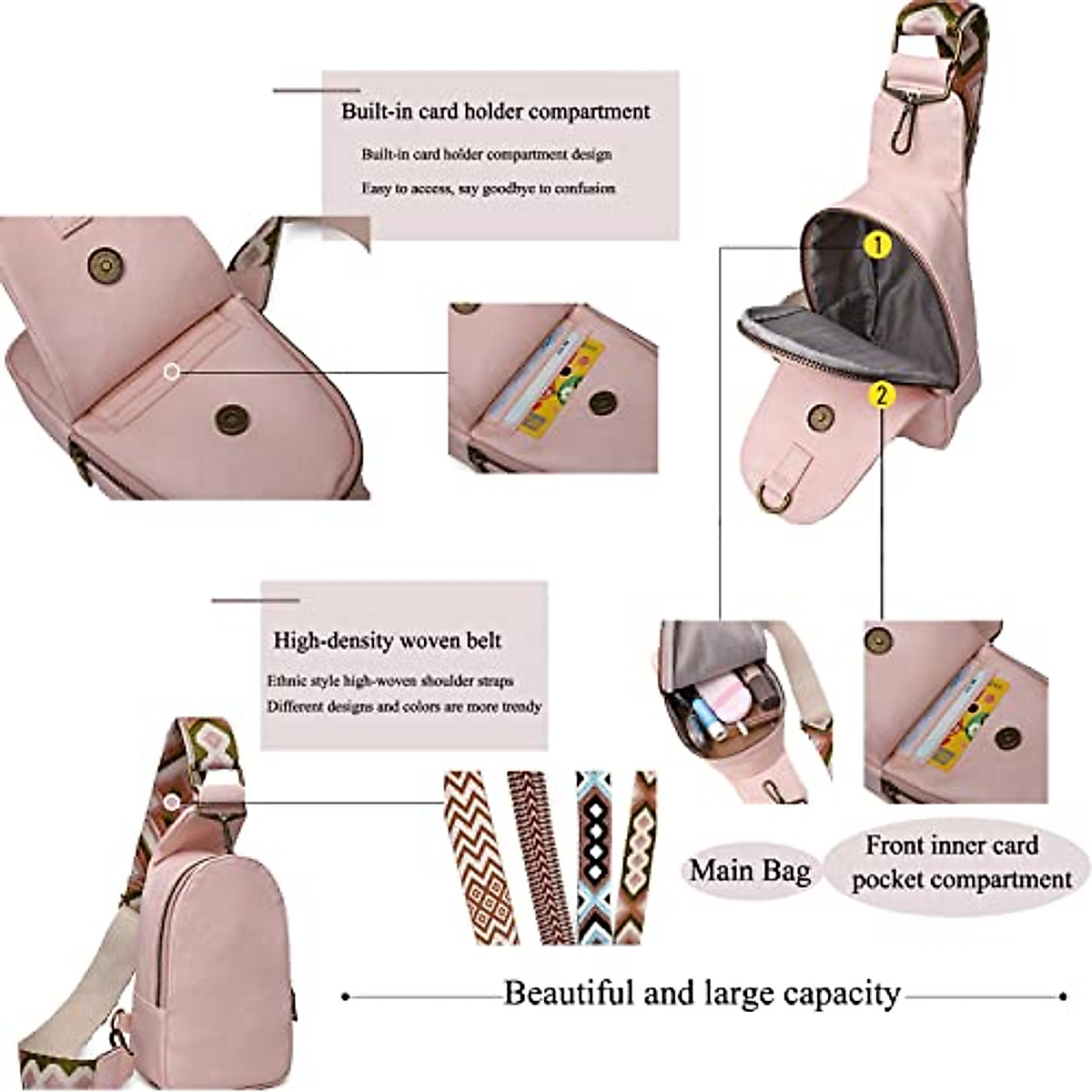 Women Chest Bag Sling Bag Guitar Strap Small Crossbody PU Leather Satchel Daypack Multipurpose Chest Bag For Traveling
