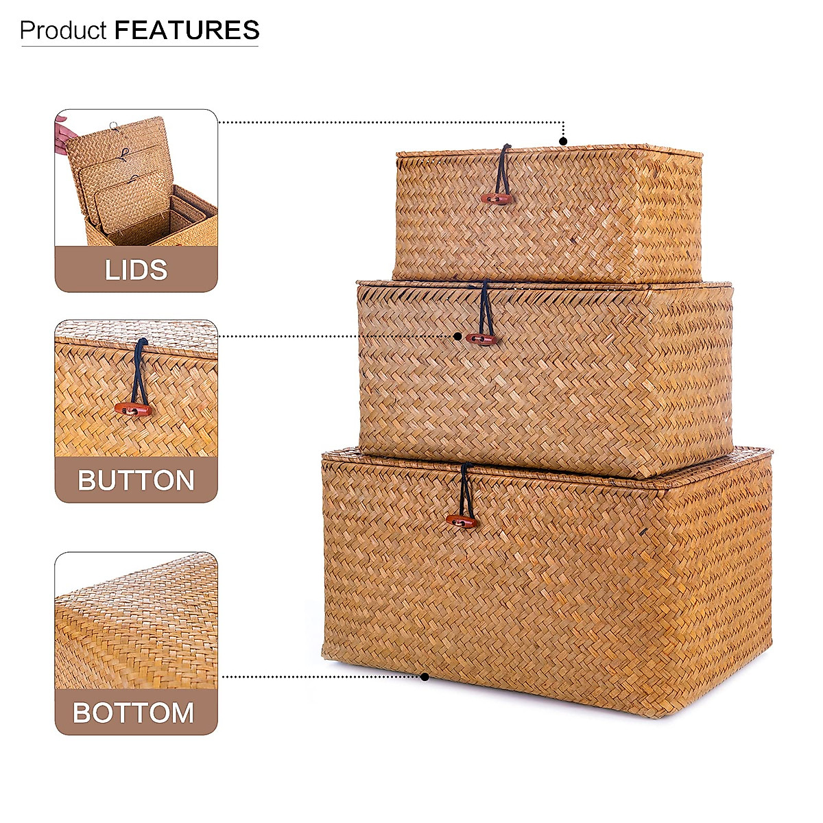Ruosuruosu Decorative Wicker Storage Bins with Lids,Woven Seagrass Storage Baskets for Kids Toys,Shelves, Bathroom, Bedroom,Set of 3 Stackable Storage Boxes Large, Medium, Small
