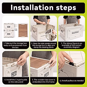 GOTO 50L Folding Storage Box with Wooden Lid, Stackable Foldable Storage Bin with Wooden Cover, Side Opening Folding Storage Containers for Camping, Car Trunk, Home Sorting (Army Green)