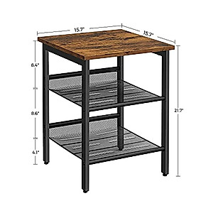 VASAGLE End Table, Nightstand with 2 Adjustable Mesh Shelves, Industrial Side Table for Living Room, Stable Metal Frame, Easy Assembly, Rustic Brown and Black ULET23X