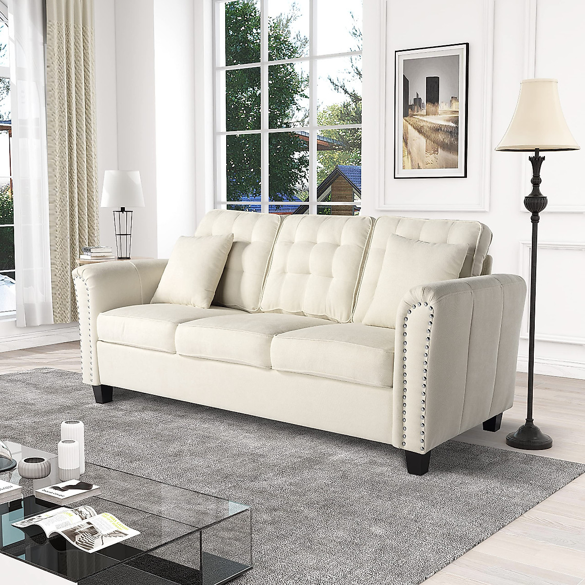 Lepfun Chesterfield, 86.6” Flare Sofa, Tufted 3 Seater Furniture, Velvet Couch with Scroll Arms and Nailhead for Living Room, Bedroom, Office, Apartment (Beige)