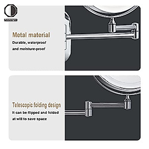 Tushengtu 8”Wall Mounted Makeup Mirror with Intelligent Light Control-10X Magnification, Rotatable Mirror, Adjustable Brightness and Color Temperature