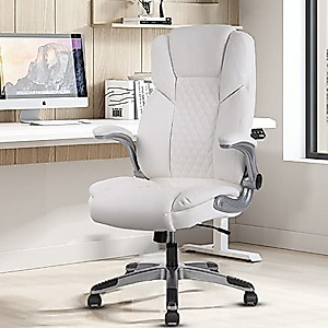 Managerial and Executive Office Chair,Ergonomic White PU Leather Office Desk Chair,Diamond Stitched High Back Swivel Task Chair with Rocking Function,Adjustable Flip-up Armrests Computer Chair
