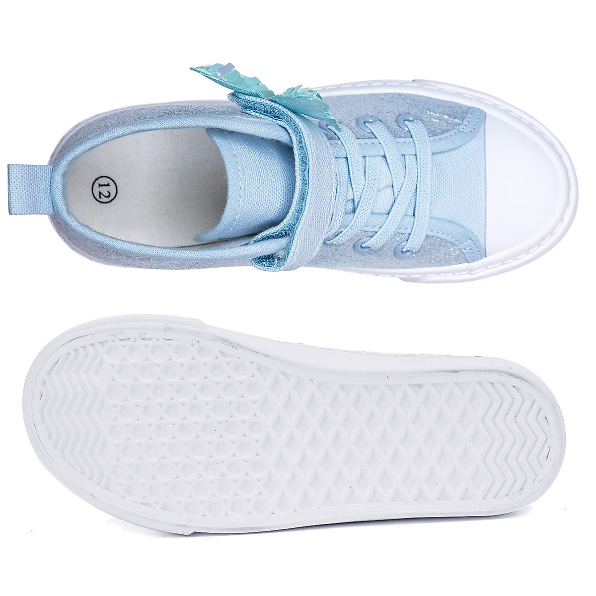 Toandon Kids Girls Sneakers Glitter Sparkle Shoes Toddler Child Slip On High Top Toddler Adjustable Hook Loop Straps Velcro Non-Slip Lightweight Sequins Blue Butterfly Size 2