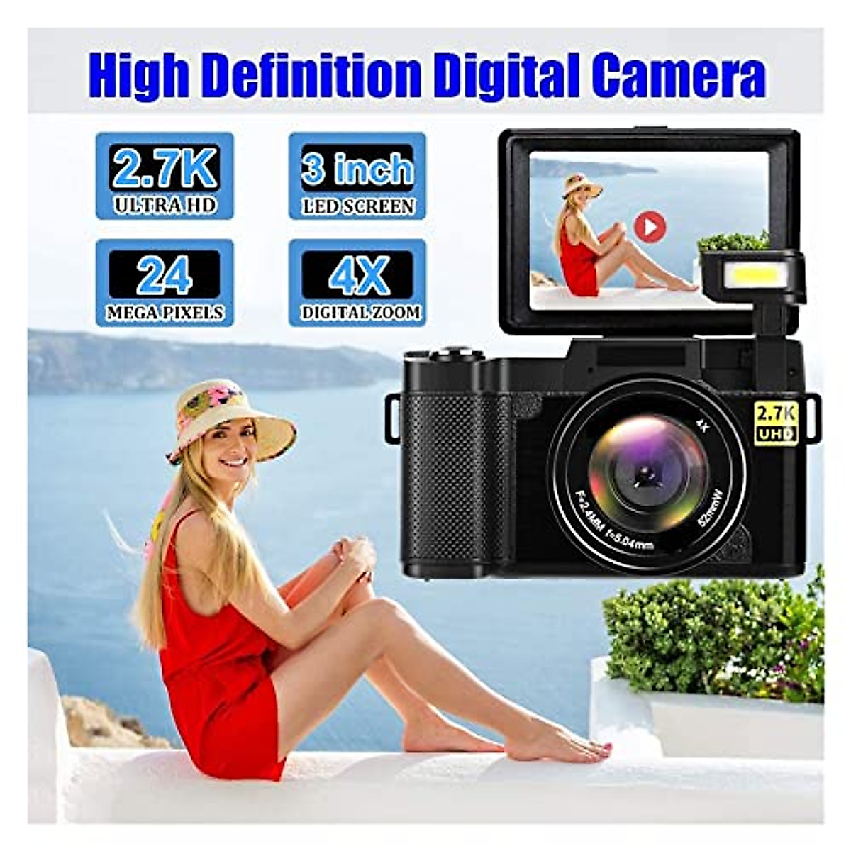 Camera Full HD 2.7K Digital Camera with Retractable Flash 3inch Photographic Camera 4X Zoom Professional EIS Video Cam for Digital Camera (Color : Black Standard)