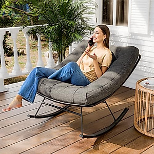 Bme Patio Rocking Chair Outdoor & Indoor, Metal Patio Lounge Rocking Chair with Thick Cushion, Comfy Modern Rocker Chair for Living Room, Porch, Backyard, Grey Cushion - Black Matte Rocker