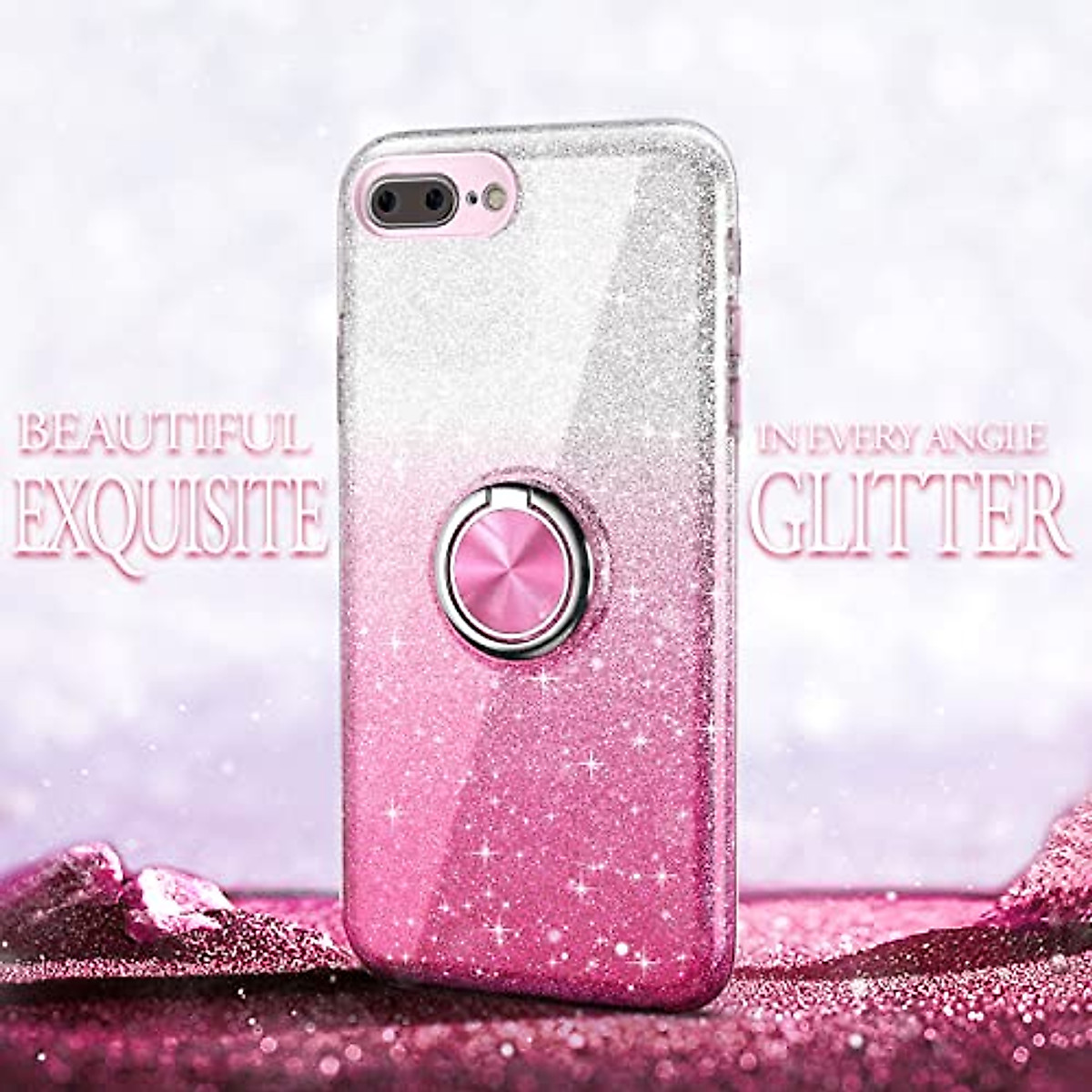 PeeTep iPhone 8 Plus Case, iPhone 7 Plus Case for Girls Women, Slim Glitter Sparkly Case with 360°Ring Holder Kickstand Magnetic Car Mount Shock-Absorbent Protective Durable Cover,Pink