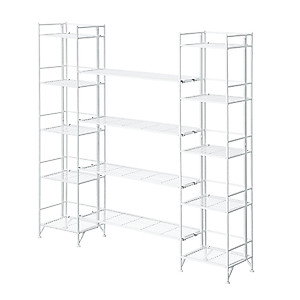 Convenience Concepts Xtra Storage Shelves - 5 Tier Folding Metal Shelving with Set of 4 Deluxe Extension Shelves - Modern Shelves for Storage and Display in Living Room, Bathroom, Office, White