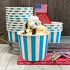Red White and Blue Ice Cream Sundae Kit - 4th of July Party - 12 Ounce Blue Stripe Paper Treat Cups - Plastic Spoons - American Flag Picks - Paper Straws - 16 Each