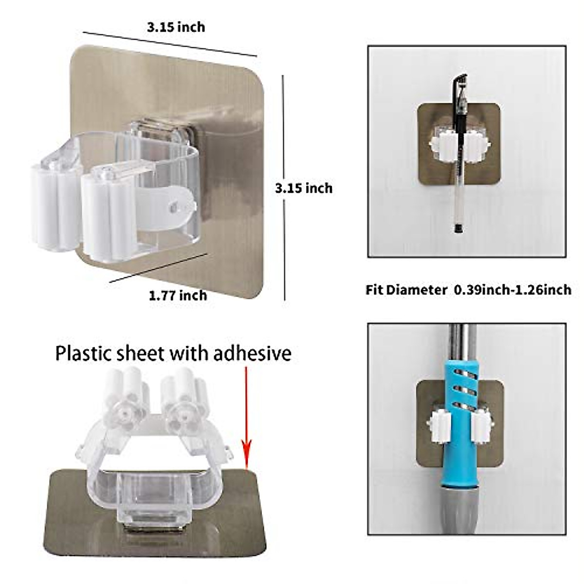 4PCS Mop Broom Holder, Wall Mounted Broom Clip Mop Grippers, Self-Adhesive No Drilling Mop Broom Racks, Super Anti-Slip Utility Hooks for Home, Bathroom, Kitchen, Garden, Garage