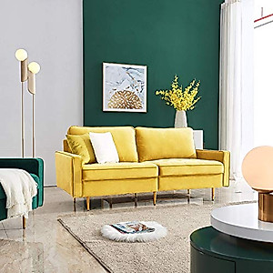 Danxee Loveseat Sofa Living Room Sofa with 2 Throw Pillows Modern Sofa Couch Velvet Fabric Golden Metal Legs 3 Seats 71 inch Wide (Yellow)