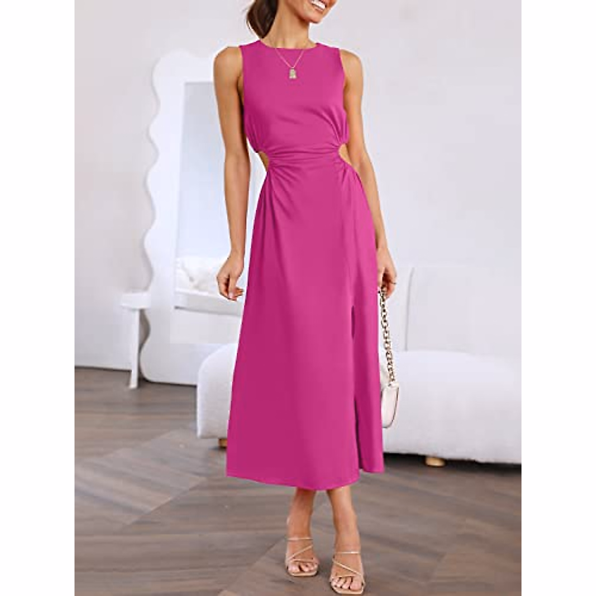 ANRABESS Women's Summer Sleeveless Cutout Maxi Dress Bodycon Slit Beach Wedding Guest Dresses 875meihong-M Rose