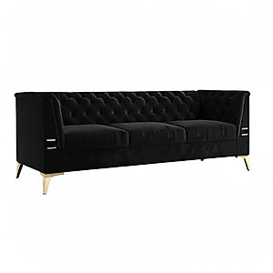 LaiBiKe Mid Century Velvet Couches 83" 2 Seater Living Room Sofa Comfortable Black Couch Solid Wood Frame Metal Legs for Guest Room Playroom Bedroom(03-Black-83)