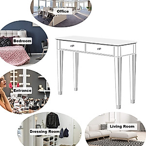 Mirrored Console Table with 2 Drawer, Silver Mirrored Makeup Dressing Table Vanity Desk, Modern Writing Desk Media Table for Bedroom Entryway Home Office