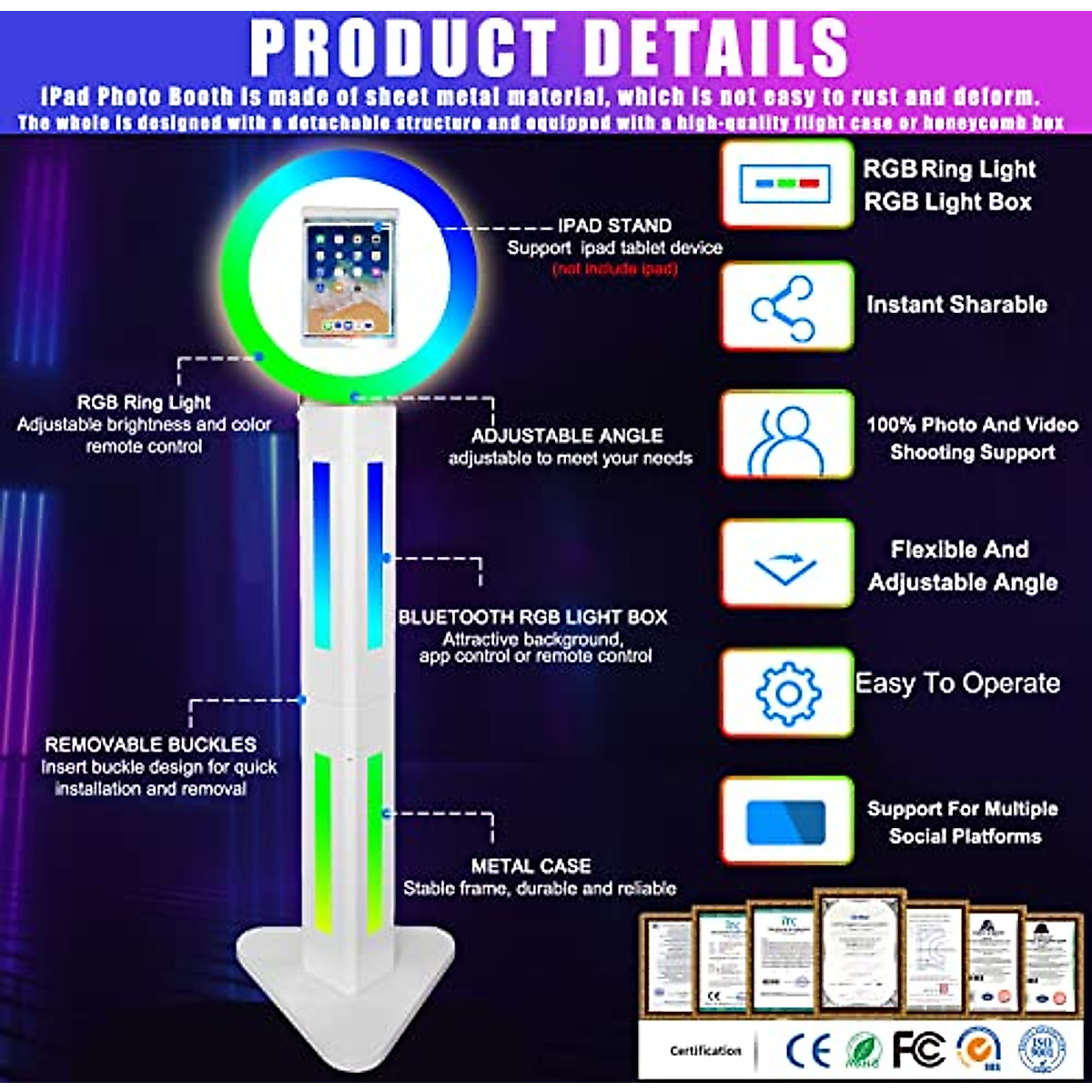 HITUGU Portable Photo Booth for iPad Pro 11'' 3rd/2nd/1st Generation Selfie Station Machine Metal Shell with Software,RGB Ring Light,Music Sync RGB Light Box,Remote Control,Flight Case for Parties