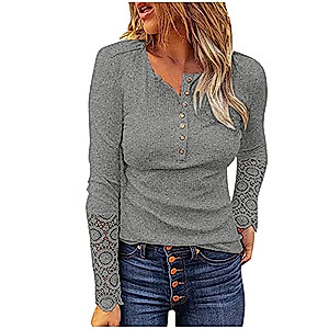 Womens Fall Tops,Long Sleeve Sexy Lace V-Neck Henley Shirts Casual Slim Fit Button Up Crochet Knit Pullover Blouses Gray