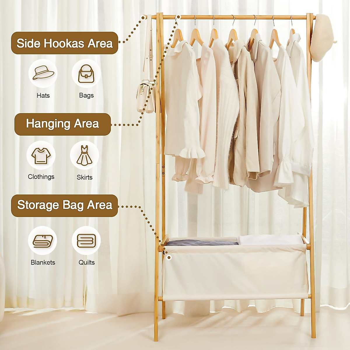 Cozivolife Bamboo Clothes Rack with Storage Box, Garment Rack Clothing Racks for Hanging Clothes, Foldable Wardrobe Storage Rack for Entryway and Bed Room (Natural)