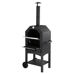 Outdoor Wood Fired Pizza Oven, Pizza Maker With Stone, Peel, Rack, Temperature Control, Built-in Thermometer, Portable on Wheels for Camping, Picnic Black