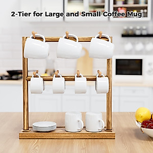 Puricon Mug Holder Coffee Cup Shelf for Counter, 2 Tier Wood Mug Tree Stand Organizer with 14 Sturdy Hooks and Storage Base, Double Sides Tea Cups Display Rack for Large and Small Mugs -Oak