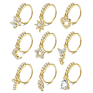 ORAZIO 9Pcs Dangle Nose Rings Dangling Nose Hoops 20G Nose Rings for Women, cubic-zirconia
