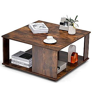 Giantex 32” Square Coffee Table, 2-Tier Wooden Table with Storage Shelf, Industrial Home Accent Table, Mid-Century Center Table Ideal for Living Room, Study Room(Rustic Brown)