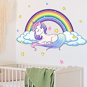Unicorn Wall Decals Art Rainbow Wall Decals Waterproof Unicorn Wall Stickers with Star Cloud Peel and Stick Rainbow Stickers for Girls Kids Bedroom Nursery Playroom Decor (Unicorn)