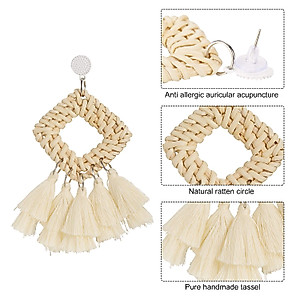 4 Pairs Rattan Earrings Lightweight Geometric Tassel Woven Bohemian Earrings Handmade Straw Wicker Braid Hoop Drop Dangle Earrings For Women Girls (Style A)