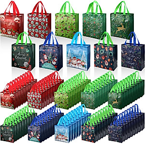 Windyun 100 Pack Non Woven Christmas Gift Bags, 9" x 8.7" x 4.3" Reusable Christmas Tote Bags with Handles Bulk Wrapping Christmas Bags Holiday Xmas Gift Bags with Handle for Party Grocery Shopping