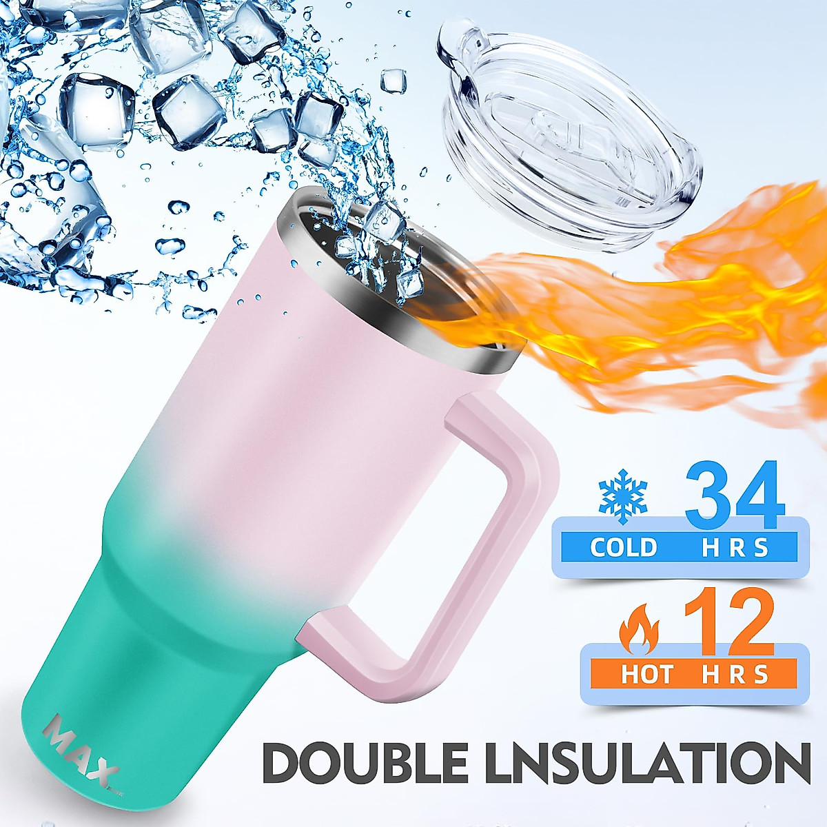 MaxBase 40 Oz Tumbler with Handle and Straw Lid, Insulated Reusable Stainless Steel Travel Mug Keeps Drinks Cold up to 34 Hours, 100% Leakproof Bottle (PinkGreen)