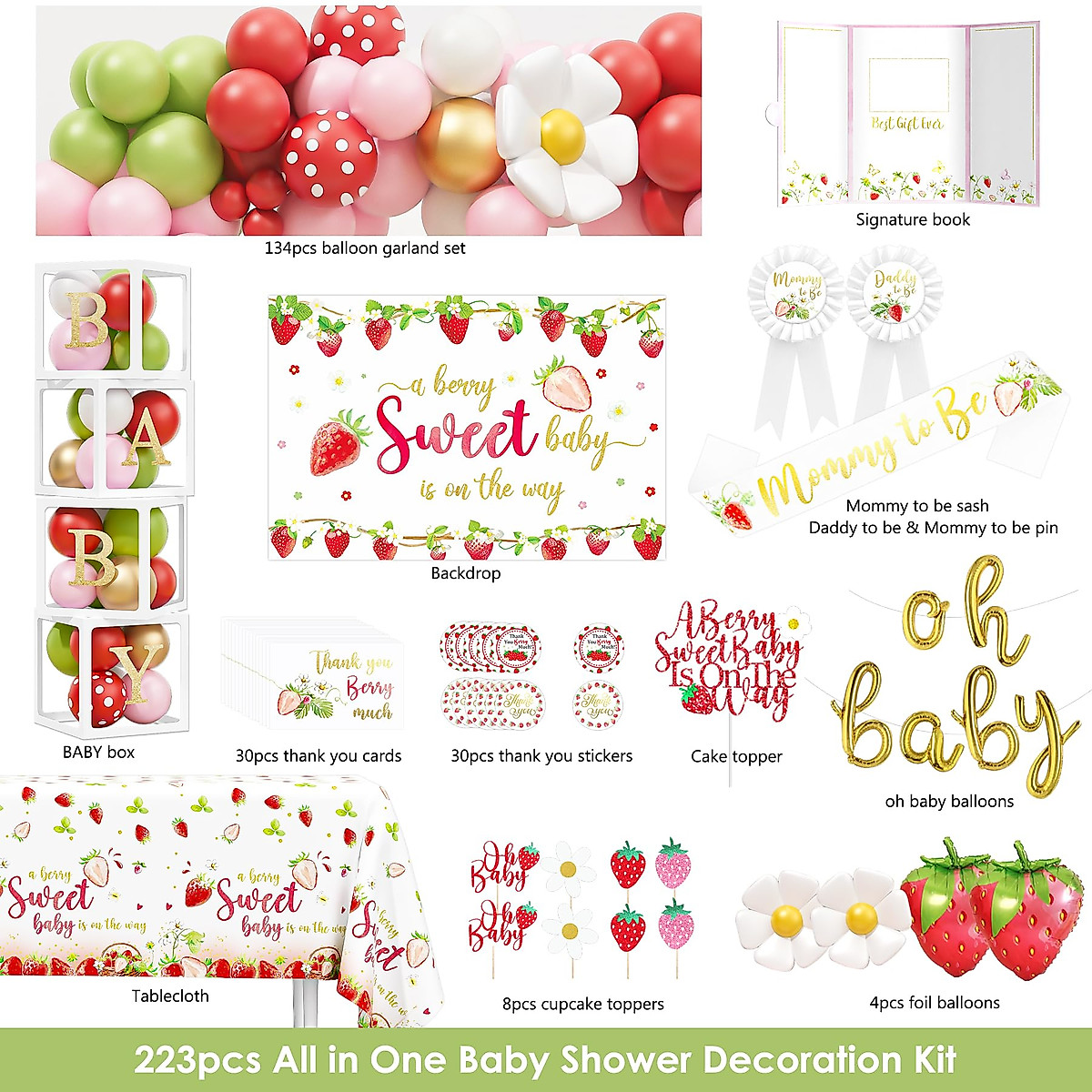 Strawberry Baby Shower Decorations Party Supplies, A Berry Sweet Baby Is On The Way Decor, It's a Girl Gender Reveal, Baby Shower Backdrop Balloon Arch Box Mom to Be Sash Tablecloths Cake Topper