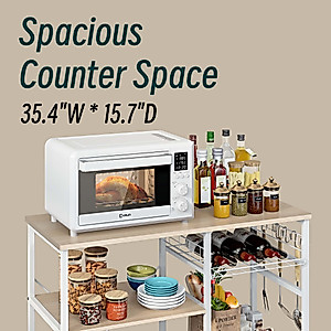 Wellynap Bakers Rack, 3-Tier Microwave Stand for Kitchens with Storage, Utility Storage Shelf with 5 Hooks and Basket for Spice Rack, White Oak