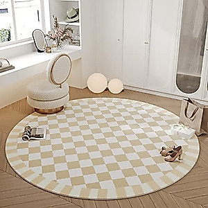 White Brown Retro Round Checkered Area Rug for Living Room Bedroom Playroom Washable Soft Wool Plush Throw Circle Carpet Under Dining Table Beside Bed Chair Runner Rug 7ft